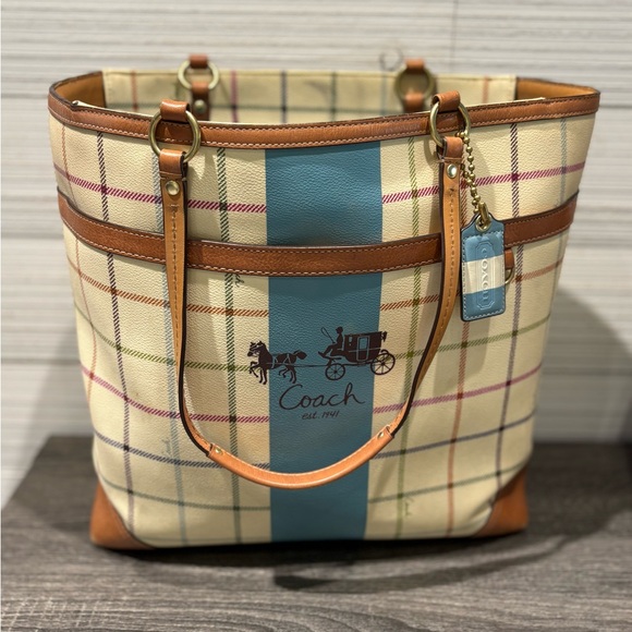 Coach | Bags | Coach Plaid Tote Bag Cream Blue And Tan | Poshmark